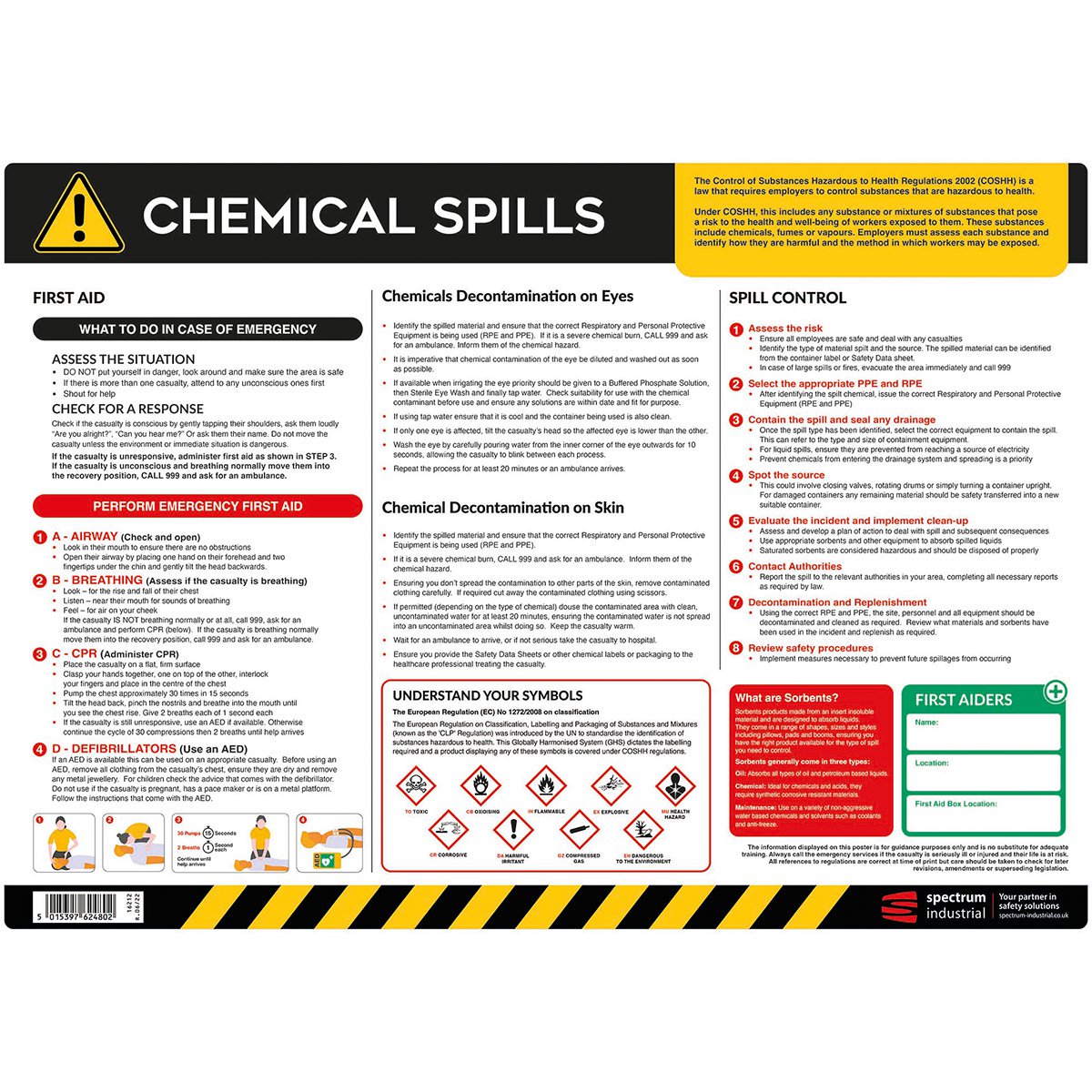 Laminated A2 Chemical Spills Safety Poster 594mm x 420mm | Spectrum ...