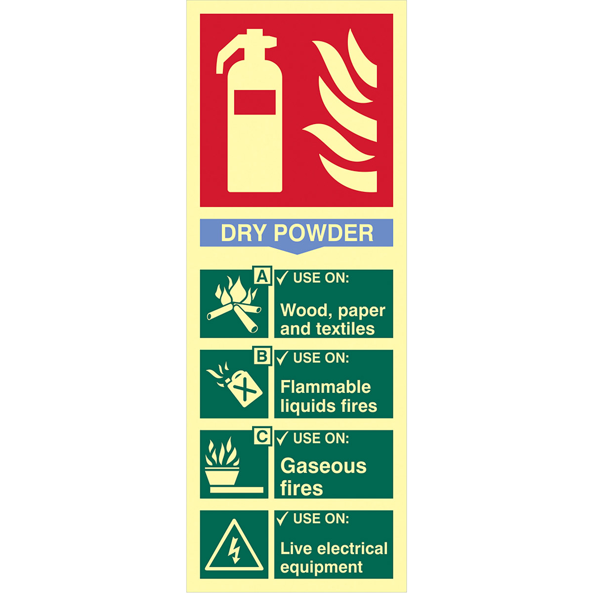 Vinyl Photoluminescent Dry Powder Fire Extinguisher Sign 82mm x 202mm ...