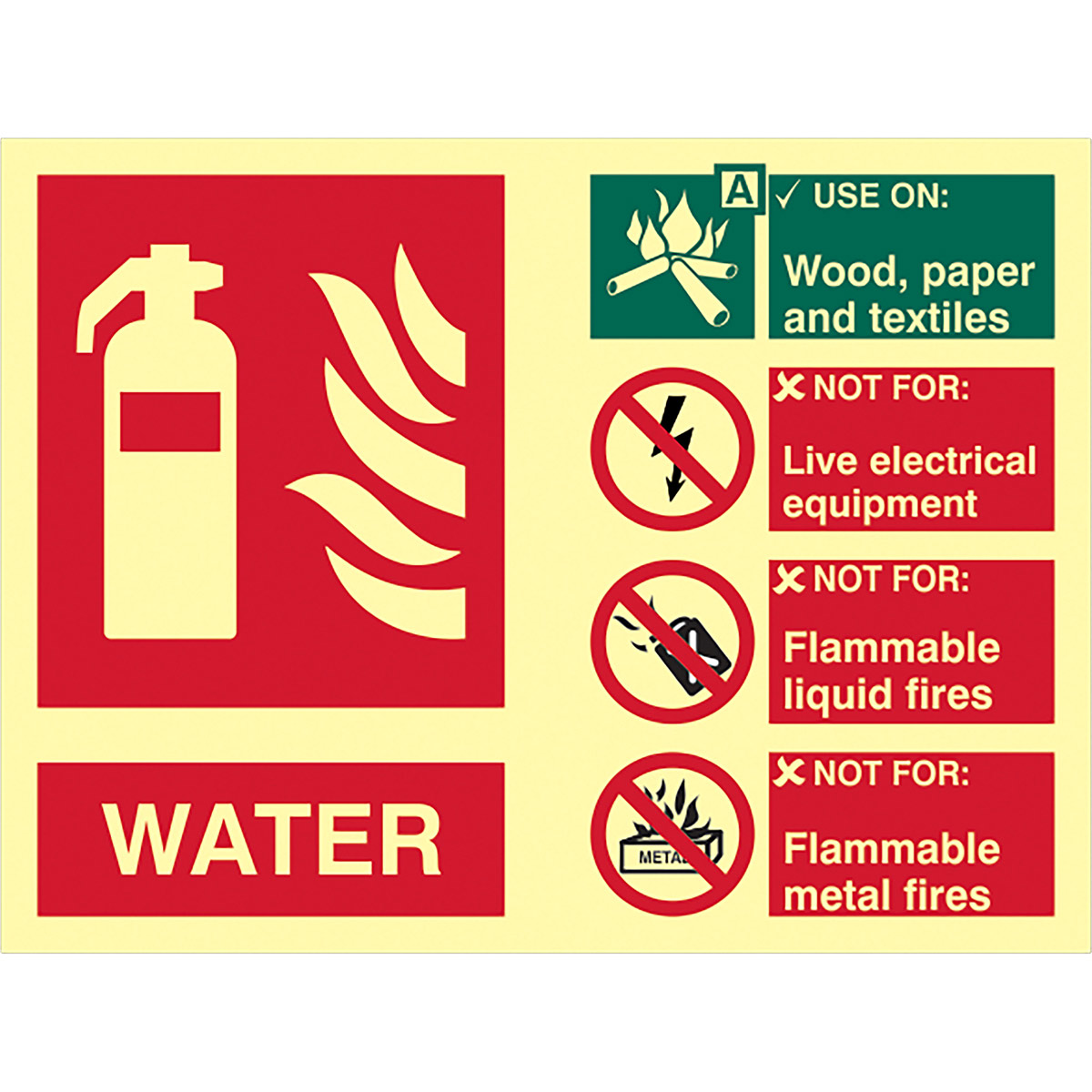 Vinyl Photoluminescent Water Fire Extinguisher Sign 200mm x 150mm ...