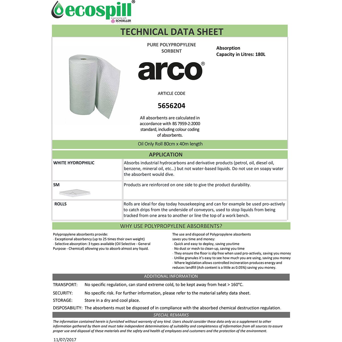 Arco 180L Oil Absorbent Roll 80cm x 40m | Arco | Absorbent Pads and ...